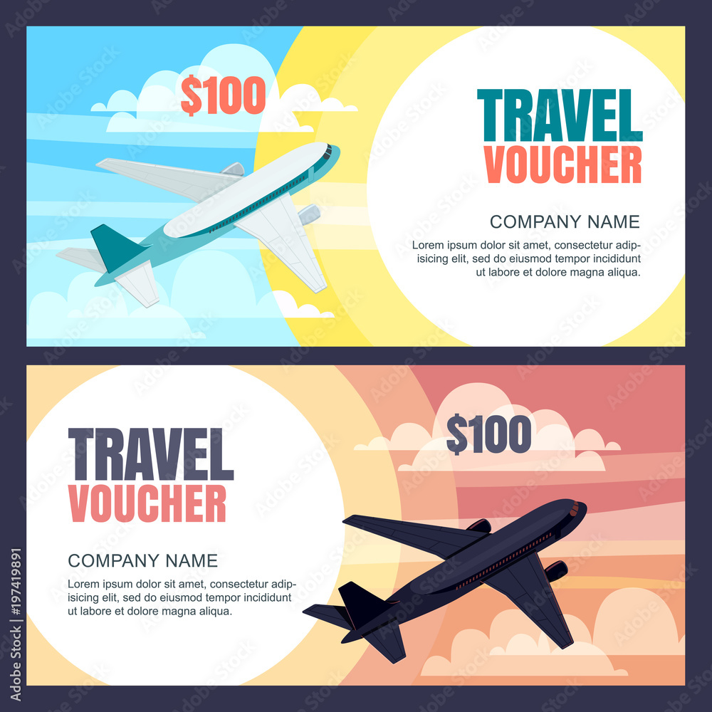 Vector travel voucher template. 3d isometric illustration of flying ...
