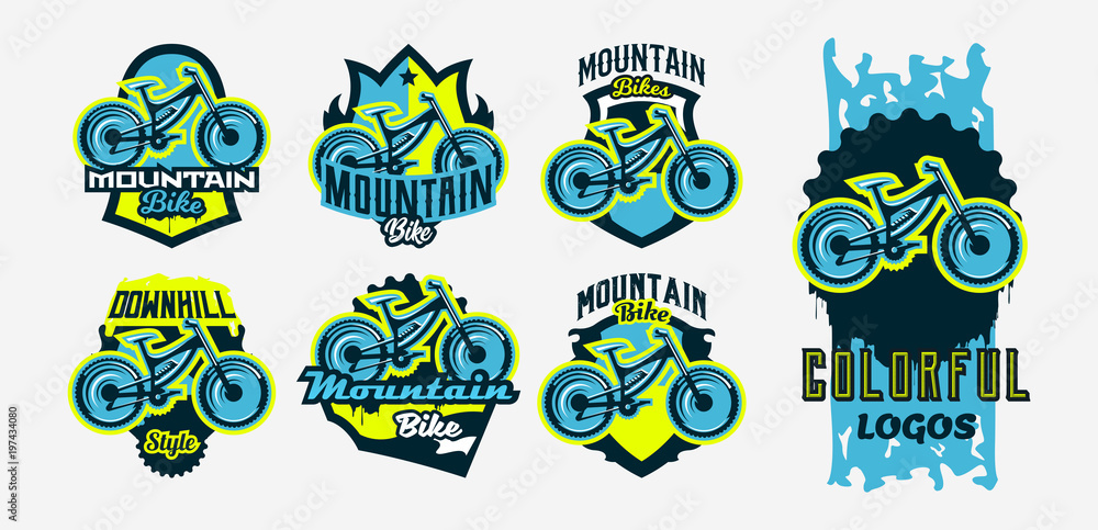 A colorful collection of logos, emblems, mountain bike icons. Bicycle ...