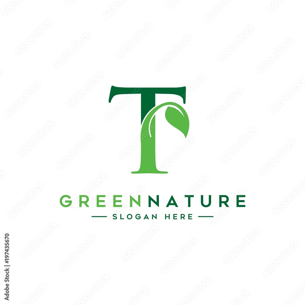 letter T logo concept, nature green leaf symbol, initials icon design ...