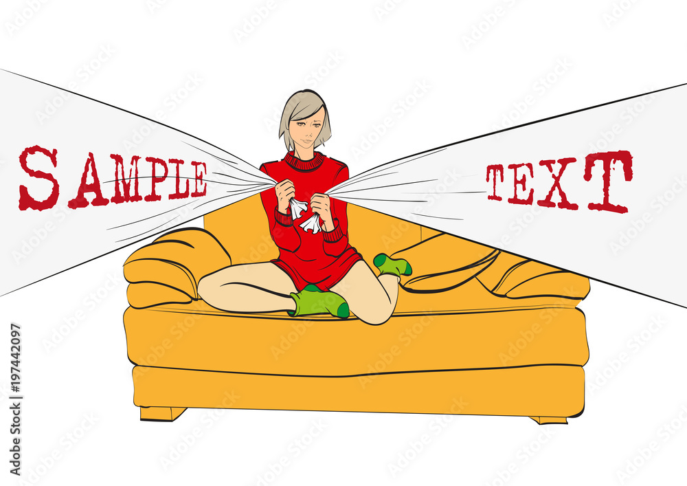 Fashion girl sitting on the couch with strings stretched fabric for ...