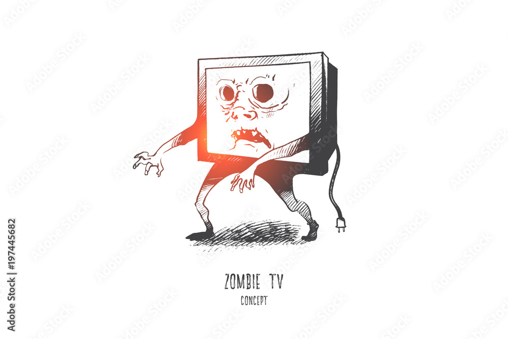 Zombie TV concept. Hand drawn media zombie person with tv set instead ...