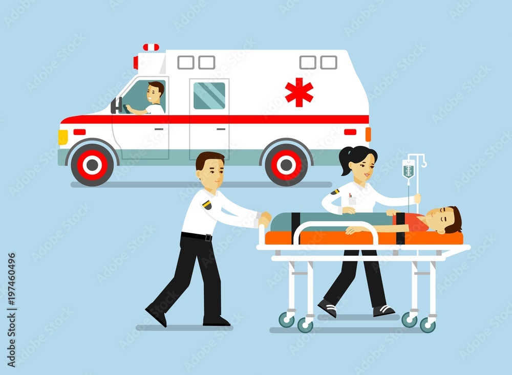 Medicine ambulance concept in flat style isolated on blue background ...
