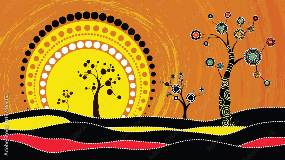 Tree on the hill, Aboriginal tree, Aboriginal art vector painting with ...