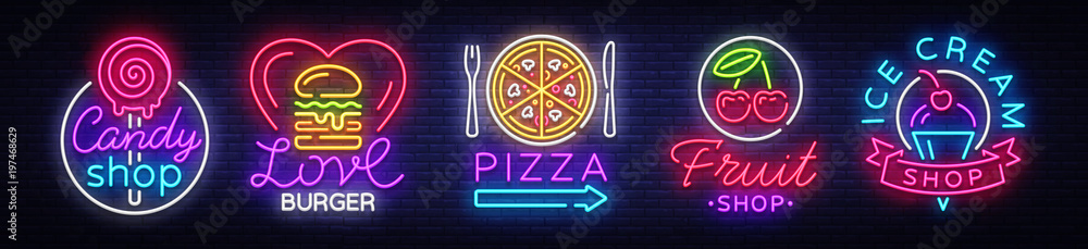 Big collection neon signs on theme food. Set Neon signs Burger, Sweets ...