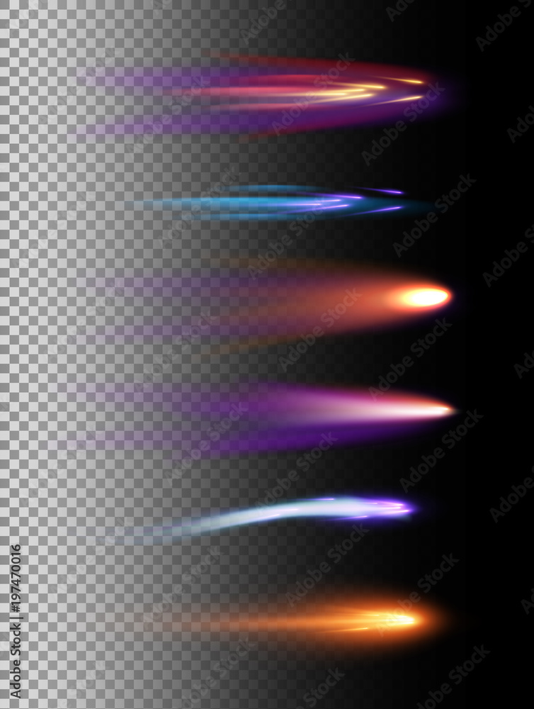 Vector illustration set of light effects,space meteor and comet in ...