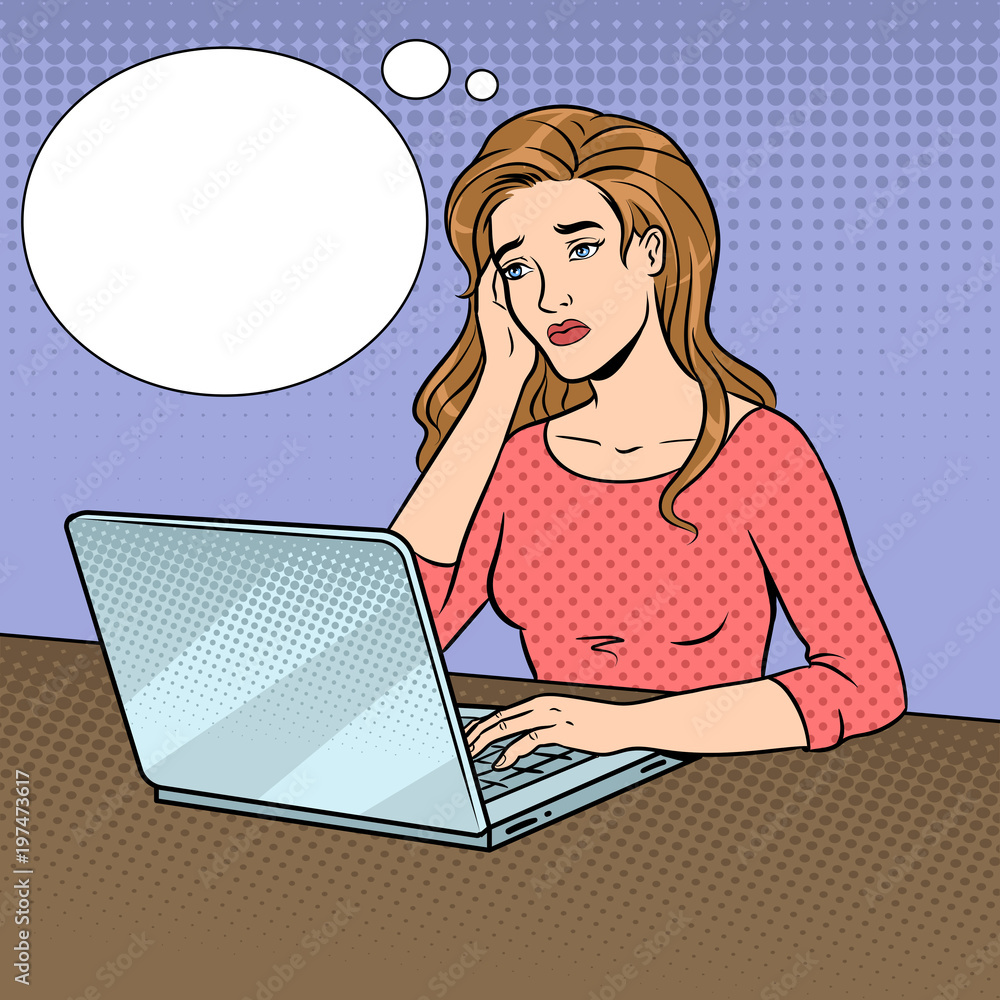 Sad girl with laptop pop art vector illustration Stock Vector | Adobe Stock
