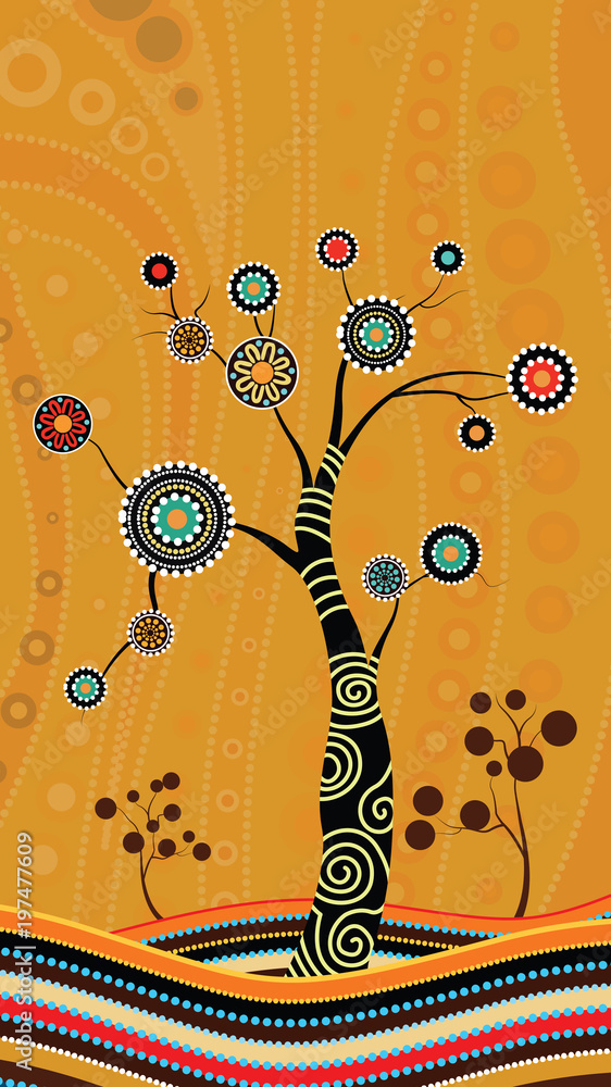 Tree on the hill, Aboriginal tree, Aboriginal art vector painting with ...