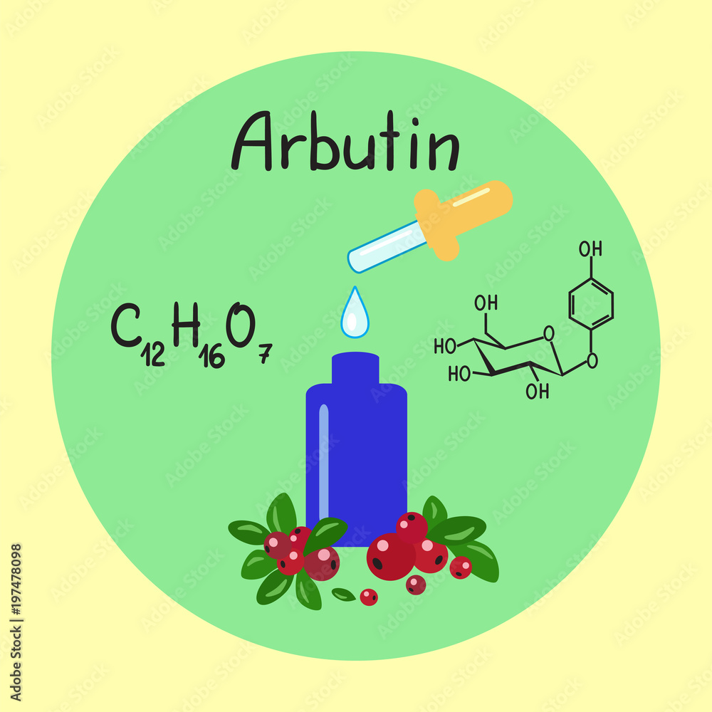 Colored bottle of cream with the arbutin. The berries of bearberry and ...