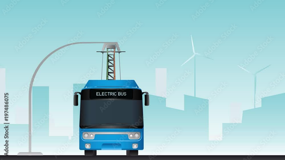 A blue electric bus drives up to the charging station and pushes the ...