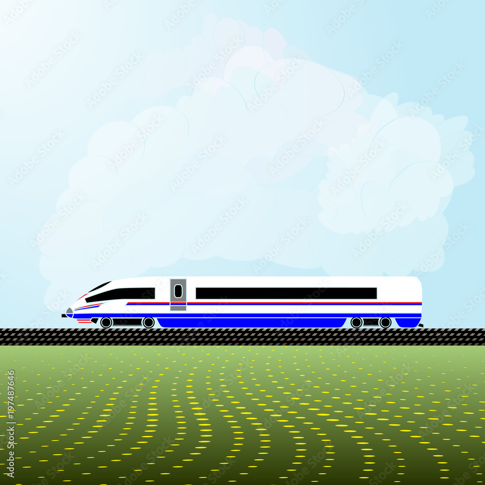 The locomotive of a high-speed train on a light blue sky with white ...