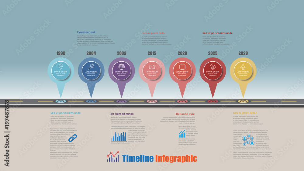 Road map business timeline infographic with 7 step pins designed for ...
