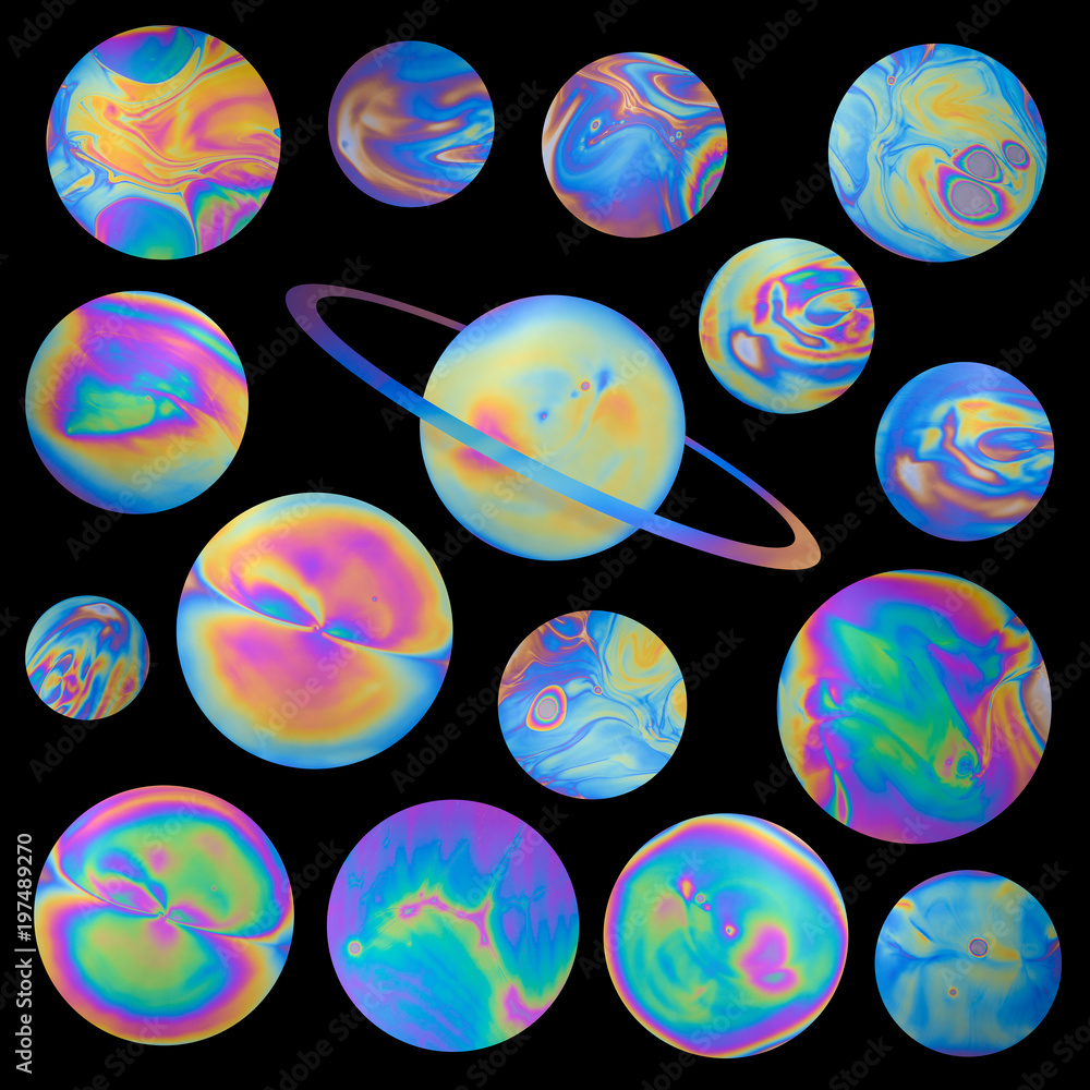 Colorful fantasy alien plantets with uniq vivid swirls and terrains ...