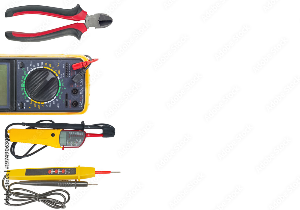 Tools to use in electrical installations on white Stock Photo | Adobe Stock