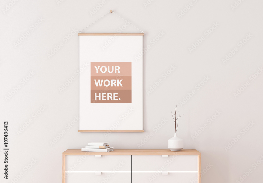 Vertical Roll-Up Poster Mockup Hanging on Wall Stock Template | Adobe Stock