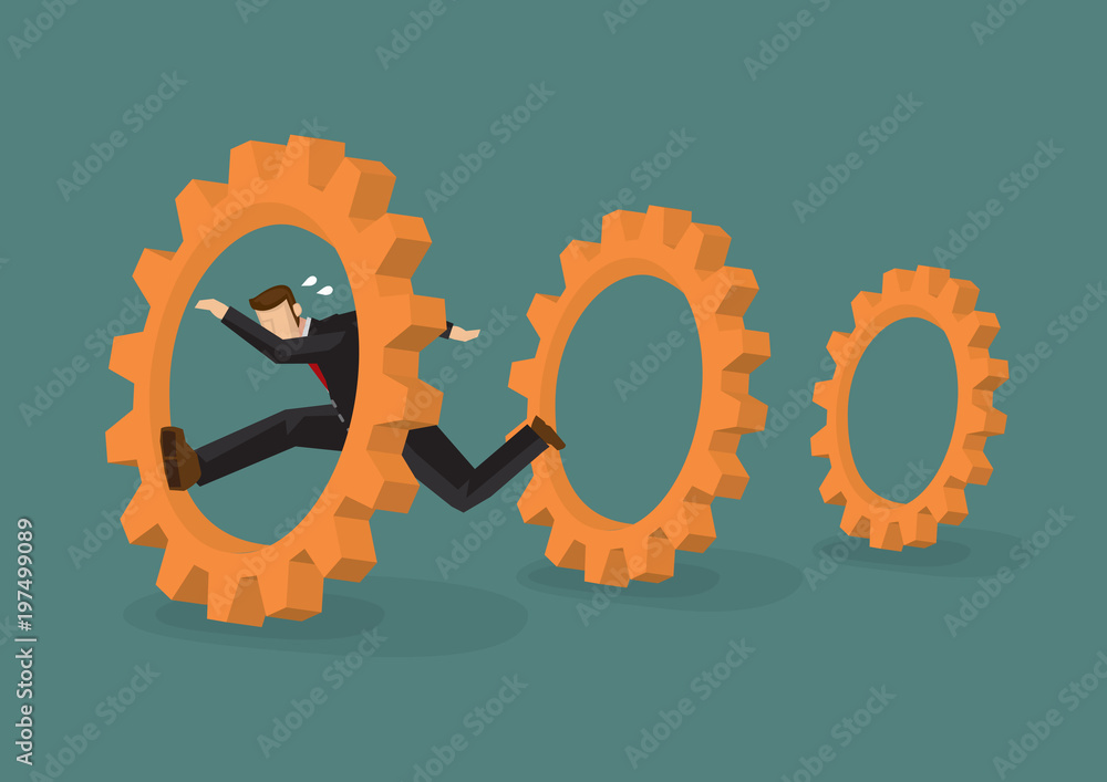 Cartoon Businessman Going Through Cog Gears Vector Cartoon Illustration ...