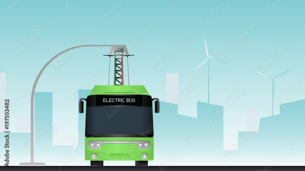 A green electric bus drives up to the charging station and pushes the ...