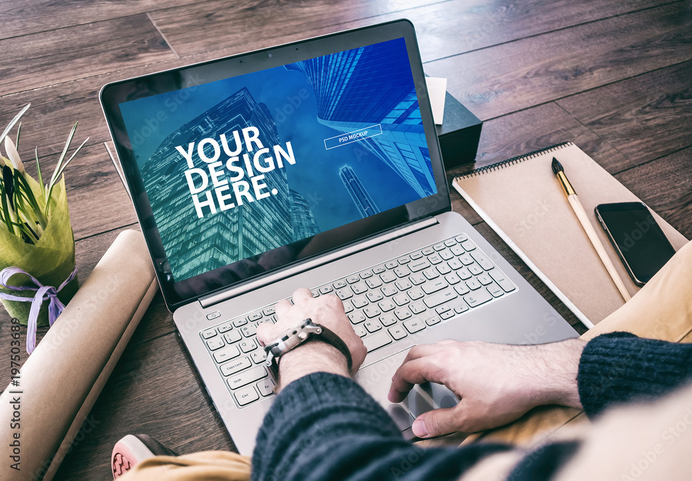 Man Using Laptop on Wooden Floor Mockup Stock Template | Adobe Stock