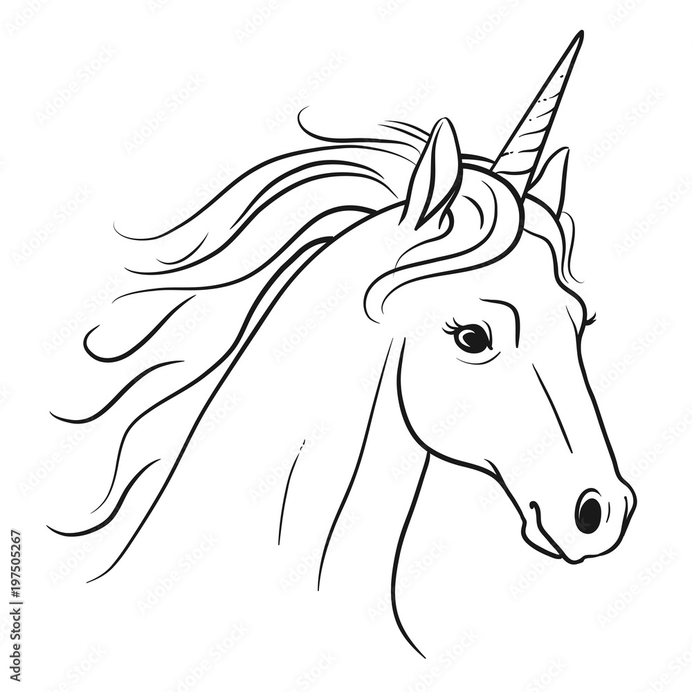 Unicorn head with flowing mane hand drawn black and white pen and ink ...
