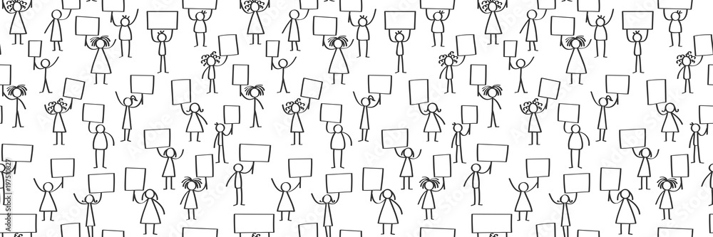 Vector illustration of stick figures protesting, holding up blank signs ...