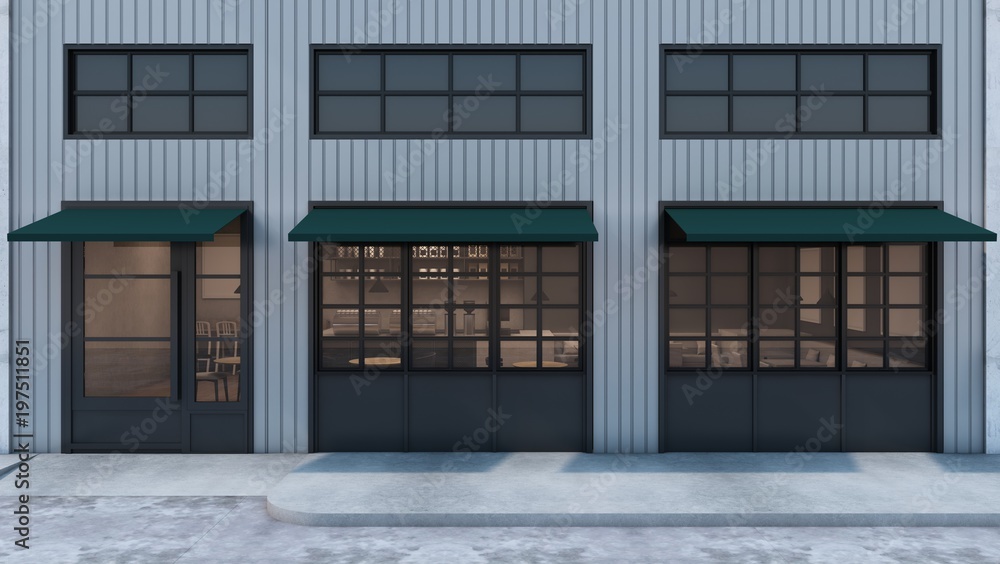 Front view Cafe shop & Restaurant design Modern Loft metal wall black ...
