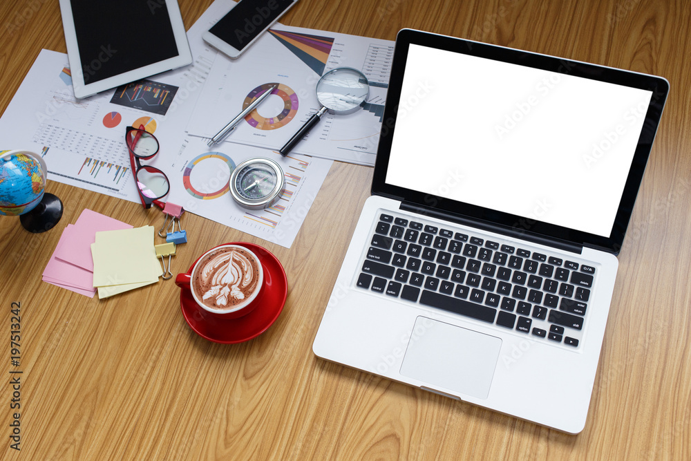 Office desk table with laptop,smartphone and coffee cup and accessories ...