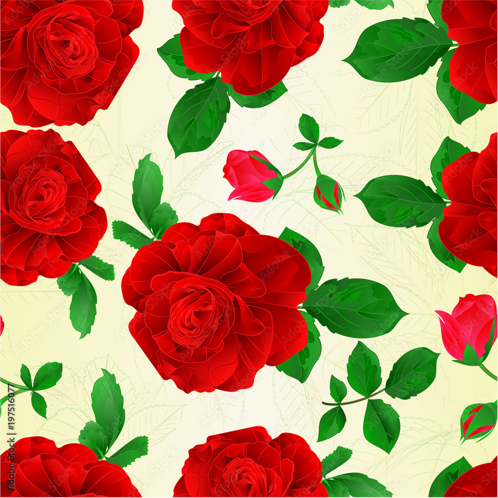 Seamless texture rose red and leaves nature background vintage vector ...