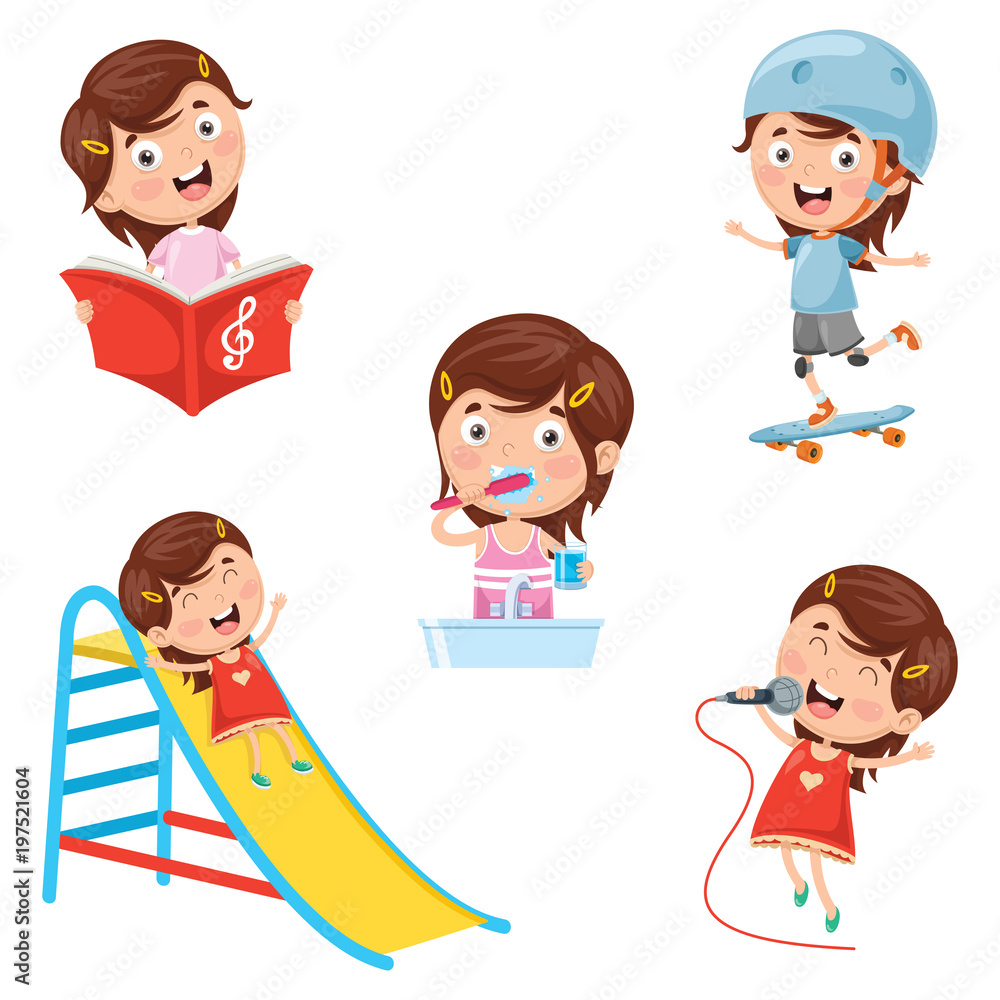 Vector Illustration Of Kids Daily Routine Activities Stock Vector ...