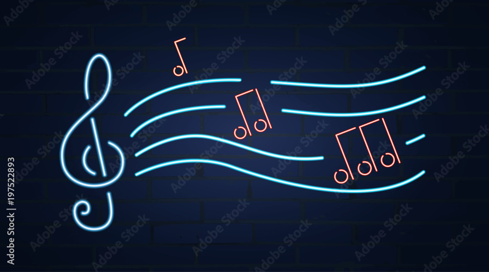 Neon music background vector illustration with sheet music and treble ...