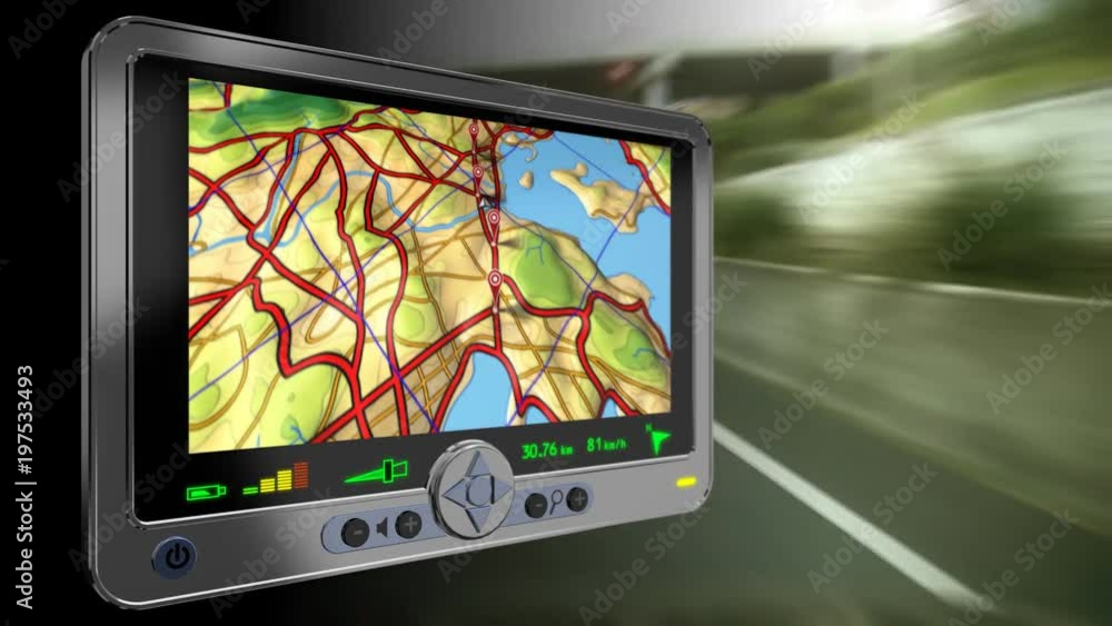 GPS road map loop. Following a vehicle along a route marked by global ...