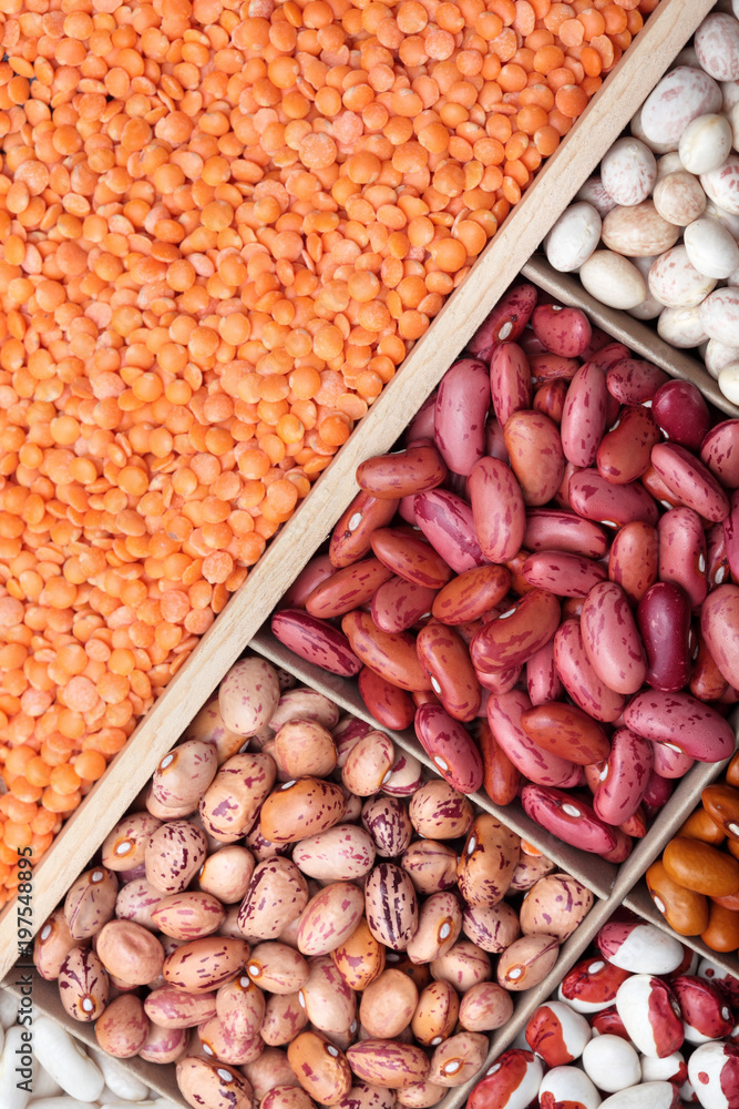 Different types of legumes beans. In wooden box.Varieties of beans.Top ...