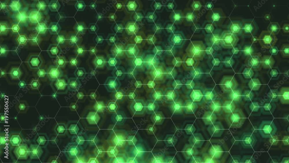 Hexagons network loop. Abstract green background of colorful pulsing hexagons in a honeycomb ...