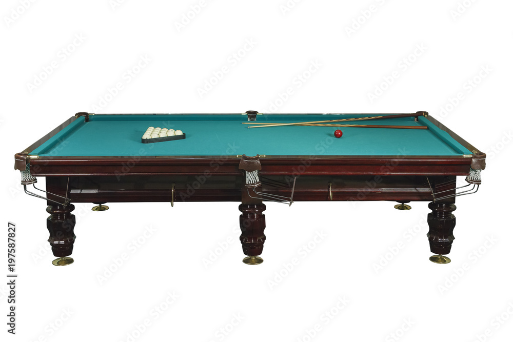 billiard table with balls and cue isolated on white background Stock ...