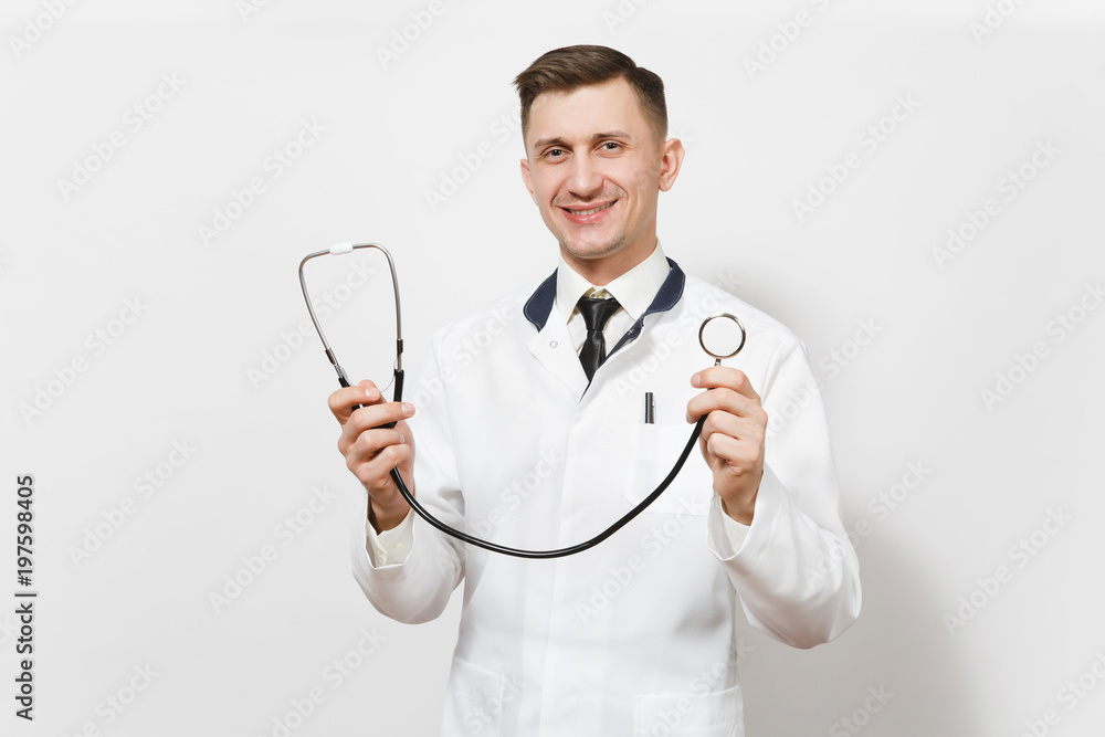 Happy experienced handsome young doctor man isolated on white ...