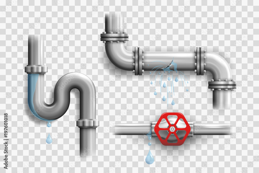 Various broken metal pipes and leaking pipeline elements isolated on a ...