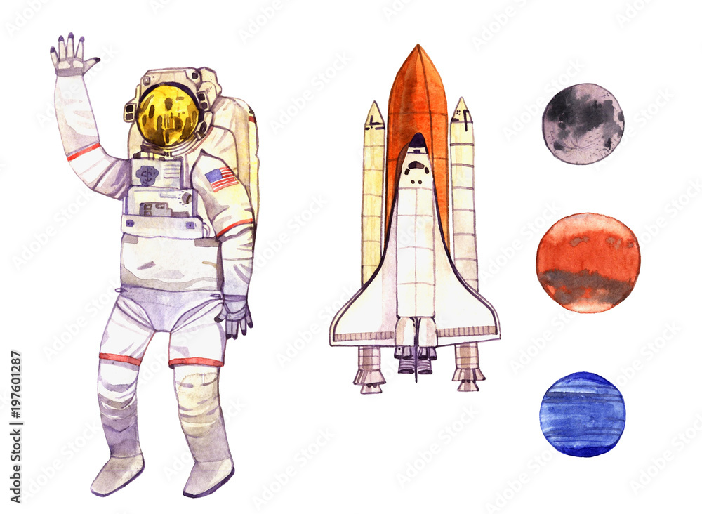watercolor set space illustration with astronaut, rocket and planet ...