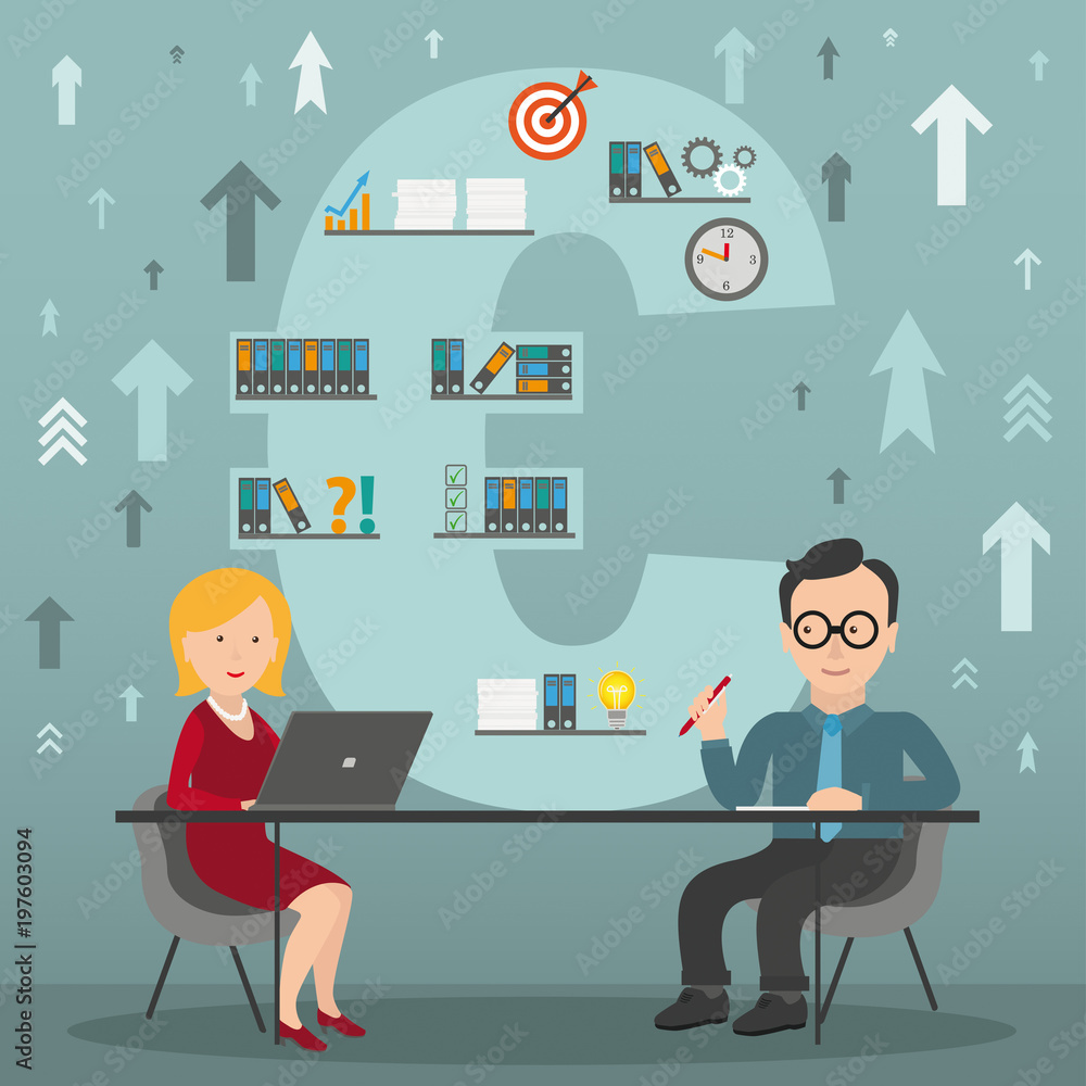 Unternehmensberatung Cartoons Frau und Mann sitzend an einem Tisch ...