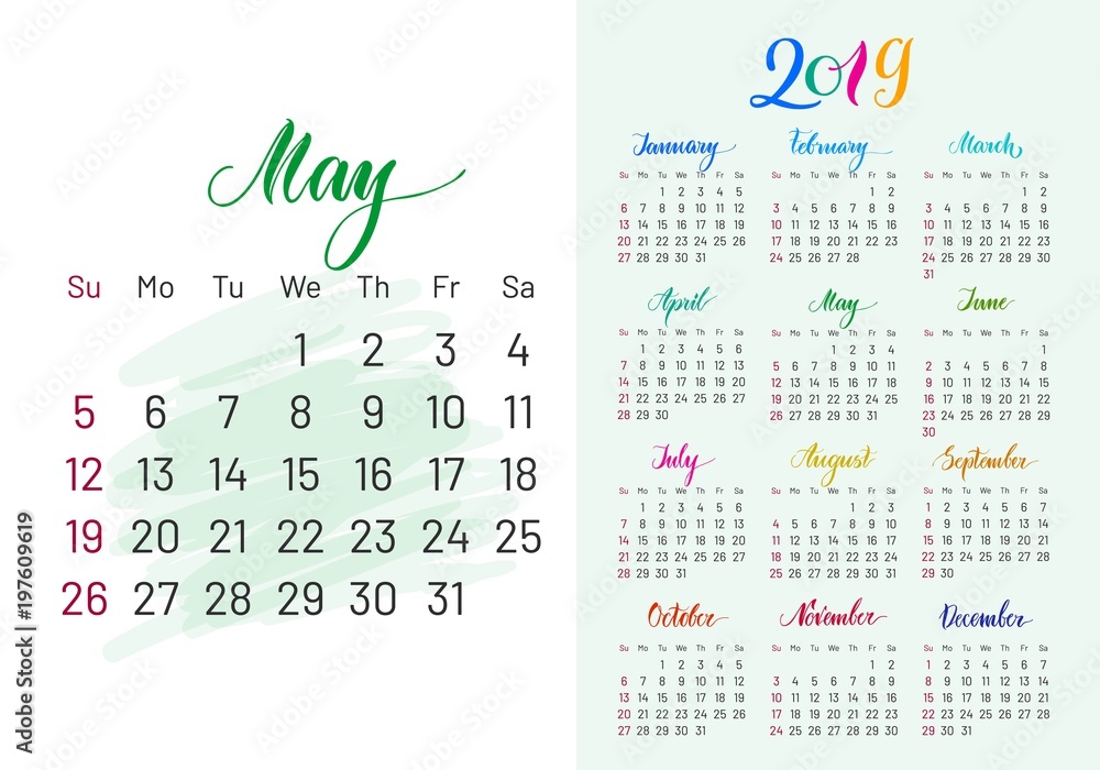 Colorful planner, 2019, May separately, white-blue background ...