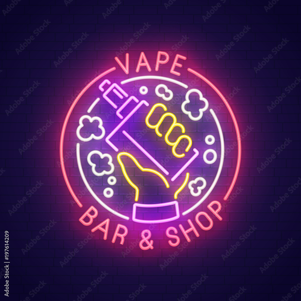 Vape bar neon sign, bright signboard, light banner. Vape logo, emblem ...