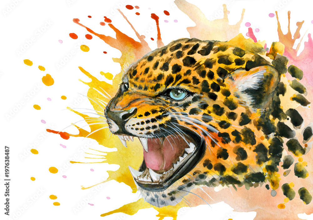 Roaring leopard head watercolor illustration Stock Illustration | Adobe ...