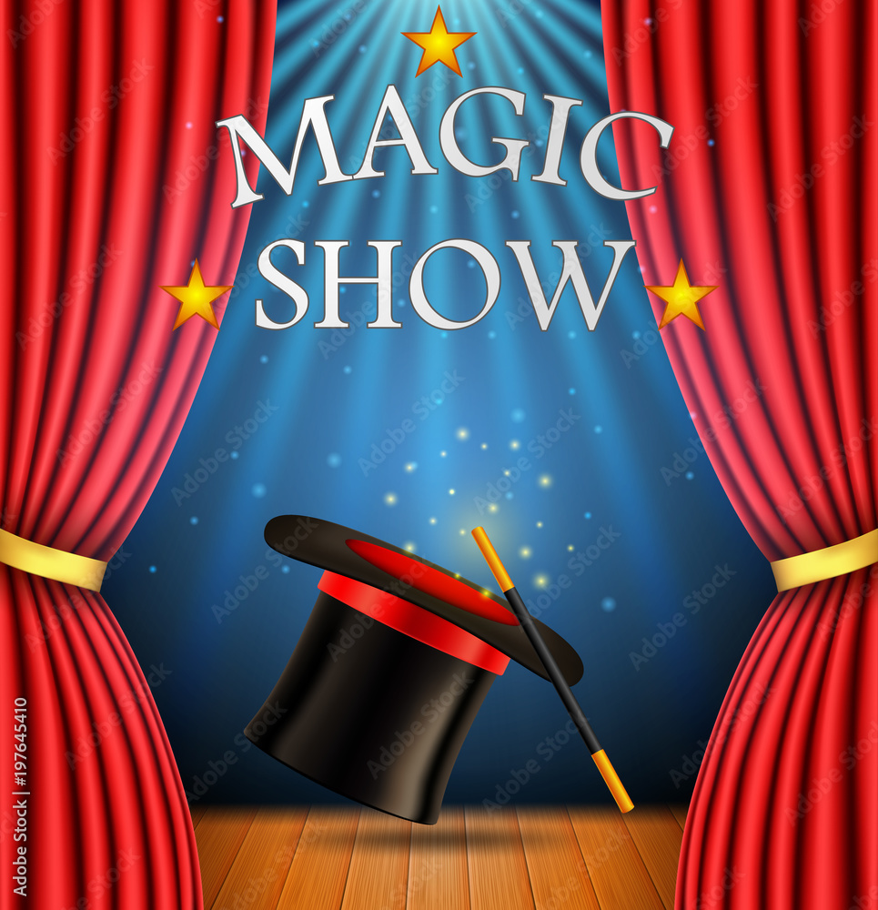 Background with a red curtain and a spotlight with Realistic magic hat ...