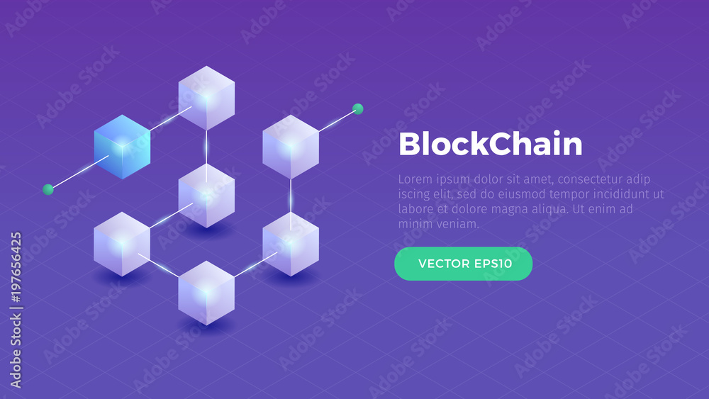 Blockchain concept slider banner design with isometric blocks chain ...