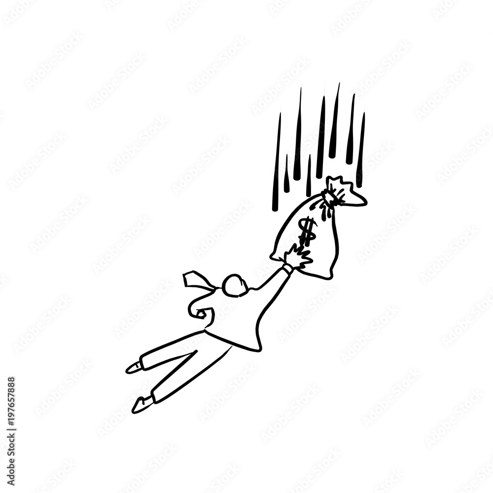 businessman jumping to grab money bag falling from sky vector ...