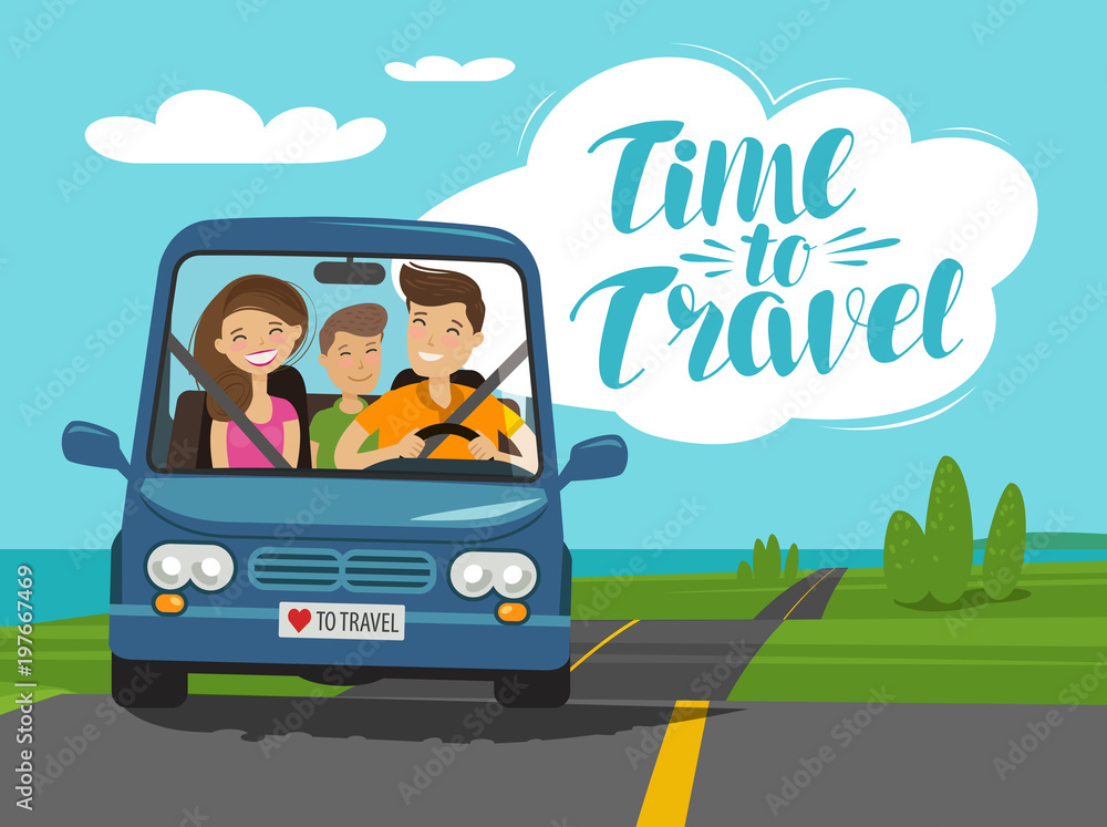 Time to travel, concept. Happy family rides car on journey. Cartoon ...
