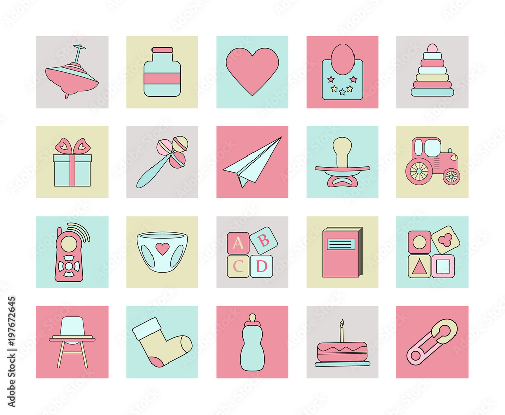 Big web square icon set. Baby, toy, feed and care colorful ready to use ...