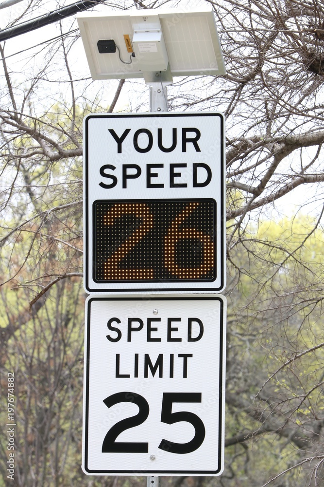 Speed sign with solar powered display: going above speed limit Stock ...