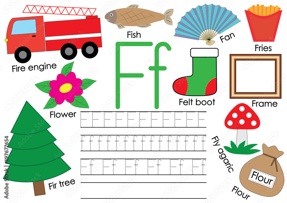 Writing practice of letter F. Learning English alphabet. Stock Vector ...