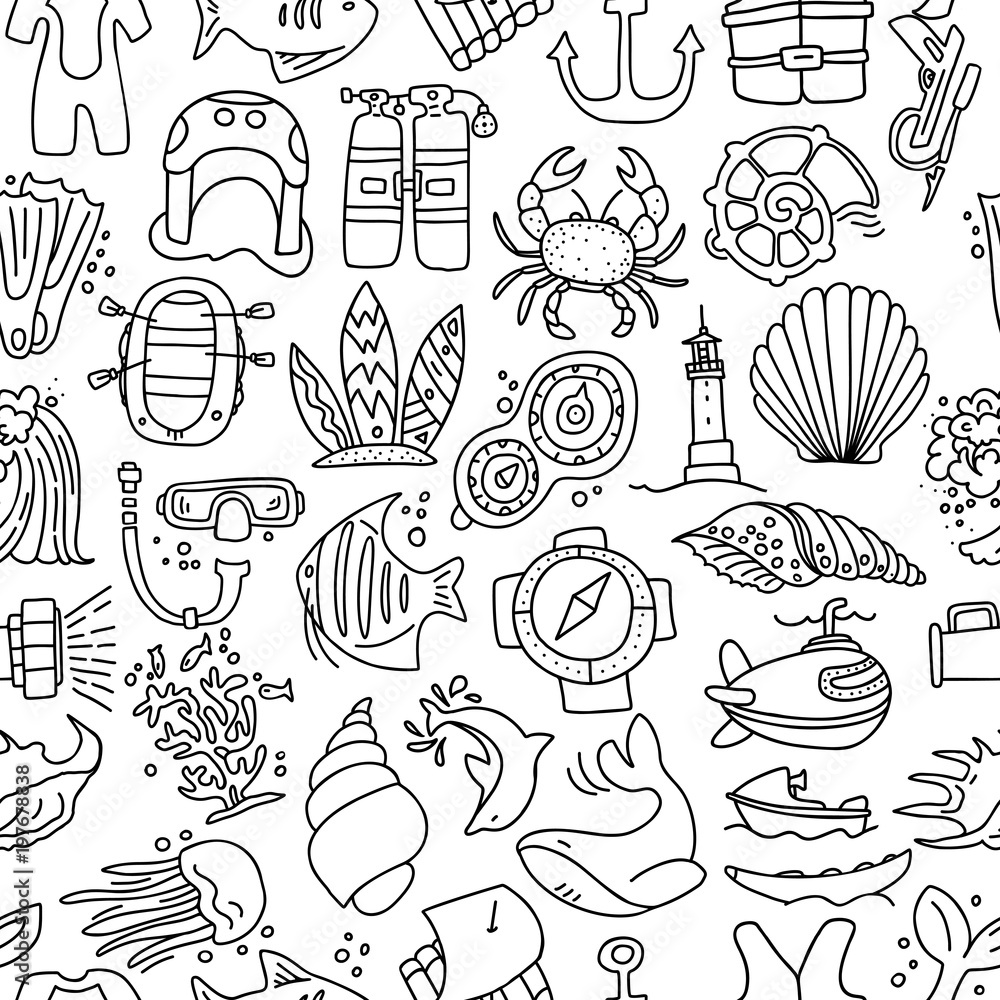 Diving hand draw cartoon seamless pattern. Diving and water sport and ...