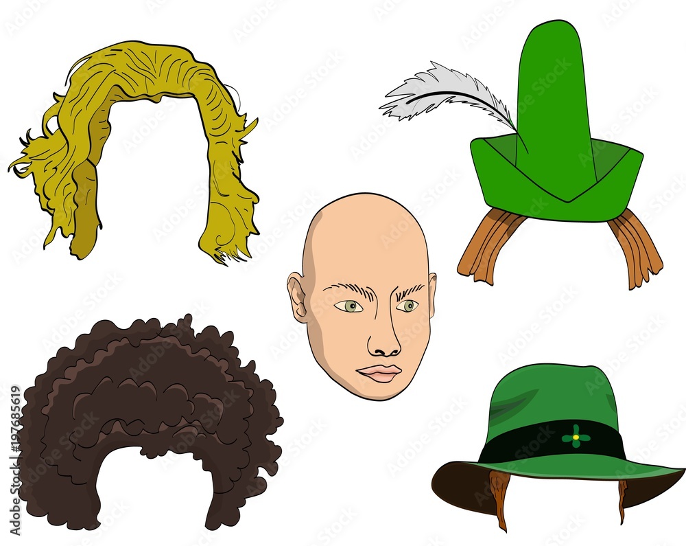 Vector cartoon doodle set of wigs with green hats, sandy hairs and afro ...