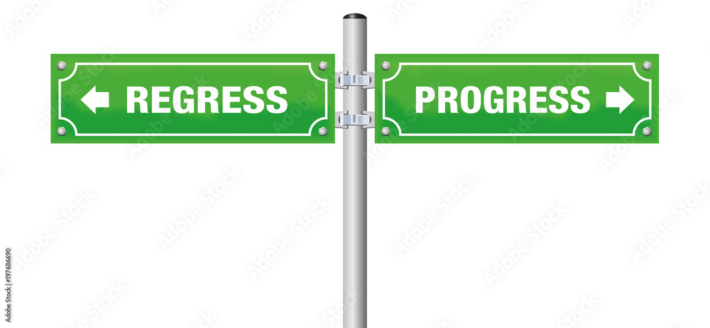 REGRESS and PROGRESS, written on two signposts. Isolated vector ...