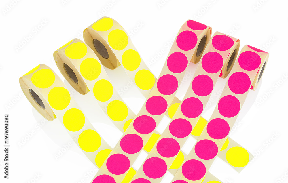 Colored label rolls isolated on white background with shadow reflection ...